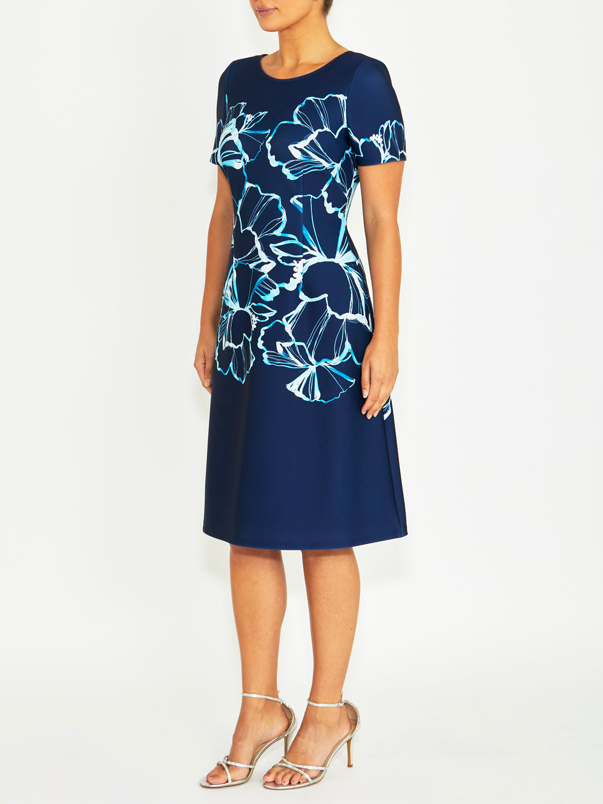 Women's Stretch Scuba A-Line Dress in Navy | Mandy