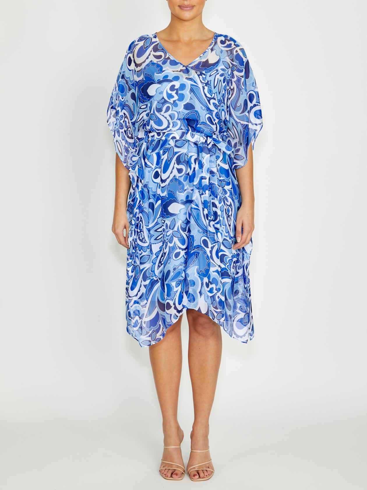 Women's White Silk Tunic Dress in Blue | Marina